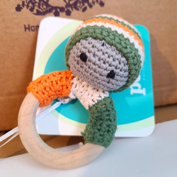Pebble | Toys | Nwt Pebble Toys Green Orange Pixie Rattle Teether ...